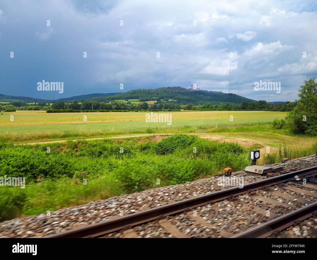 Countryside View with Railway Tracks Seen from a Train Window in ...