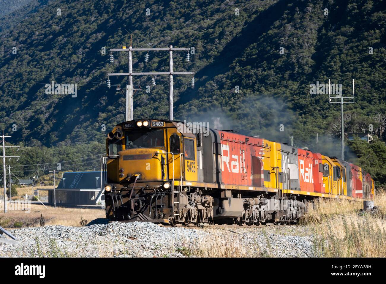KiwiRail diesel locomotives at Arthurs Pass, Canterbury, South Island ...