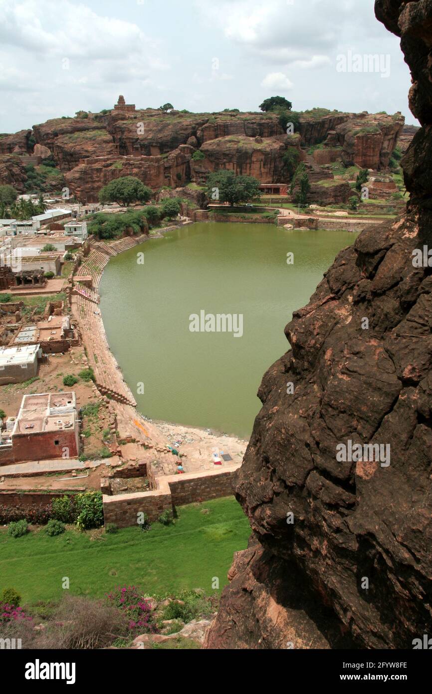 View of the historical lake and northern hill at Badami, Karnataka ...