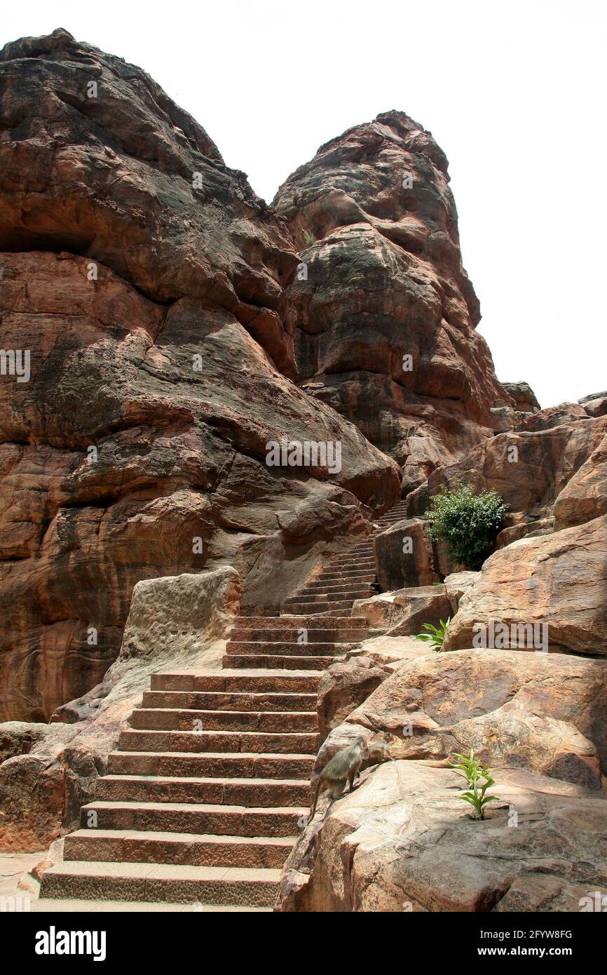 The steps for cave temples cut in rocks at Badami, Karnataka, India ...