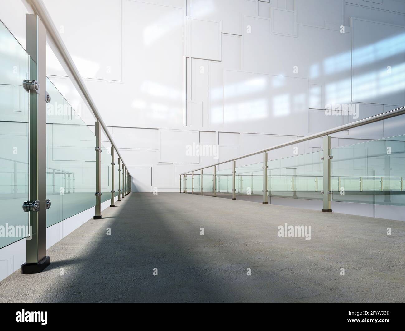 3d rendering empty walkway with glass barrier and white wall Stock ...