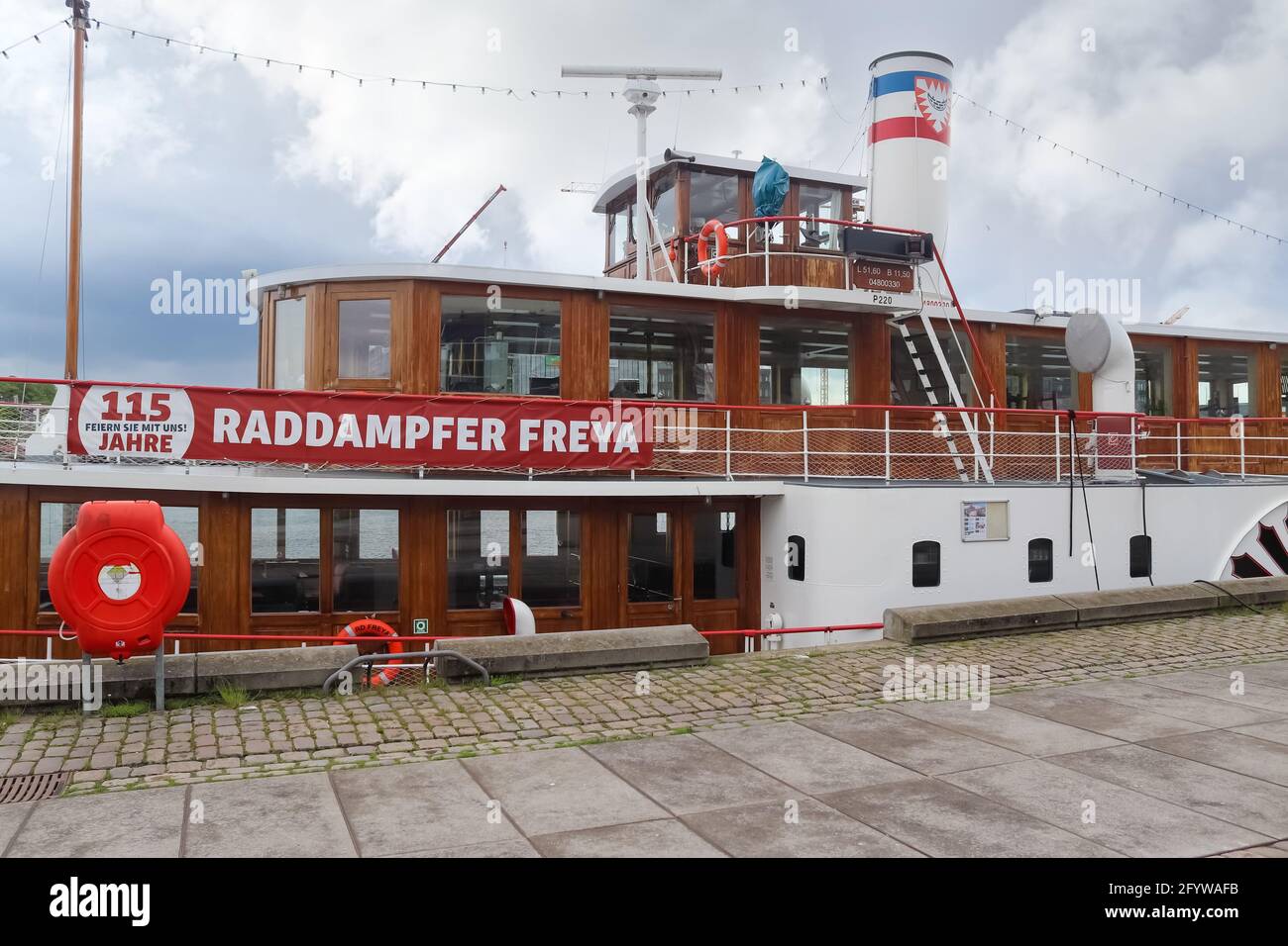 Close up view at the old tourist boat named Freya moored in Kiel ...