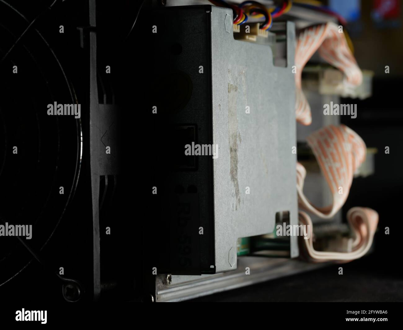 A closeup shot of a cable connection to the patch panel on a black ...