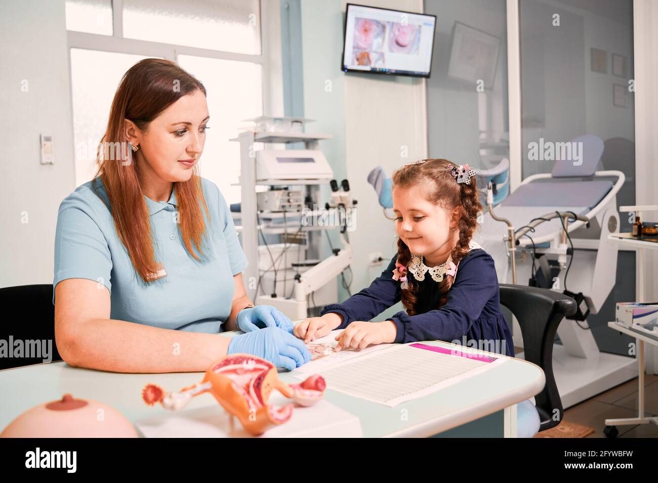 Adorable little girl studying female reproductive system with lovely ...