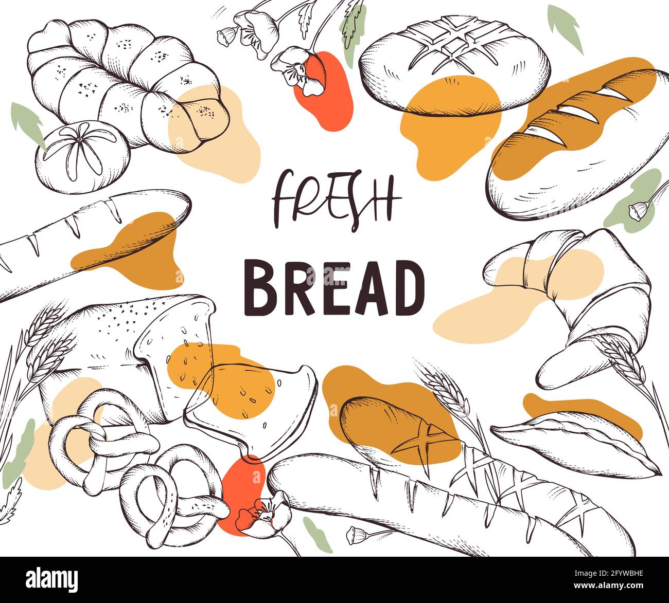 Banner or card backdrop with bread and bakery items, hand drawn ...