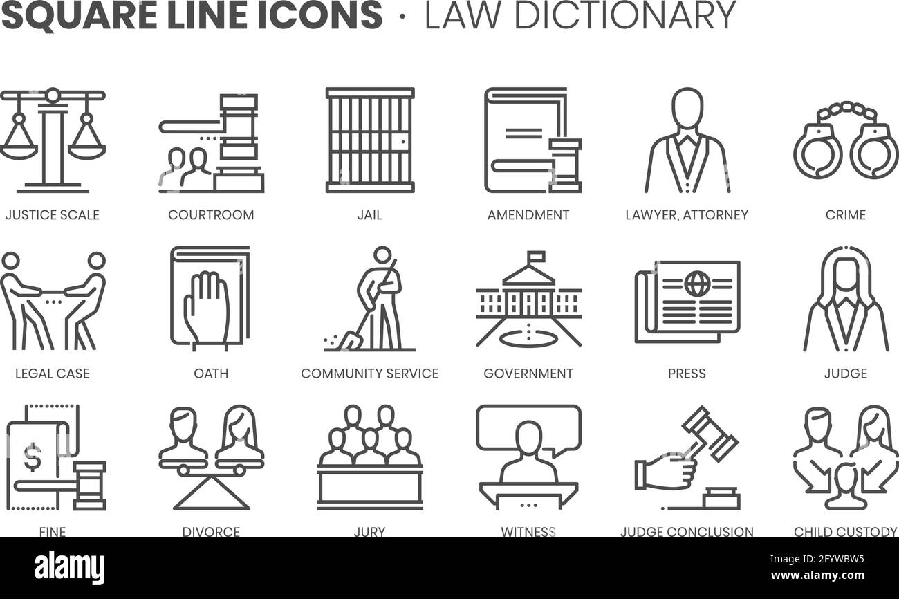 Law dictionary related, square line vector icon set for applications ...