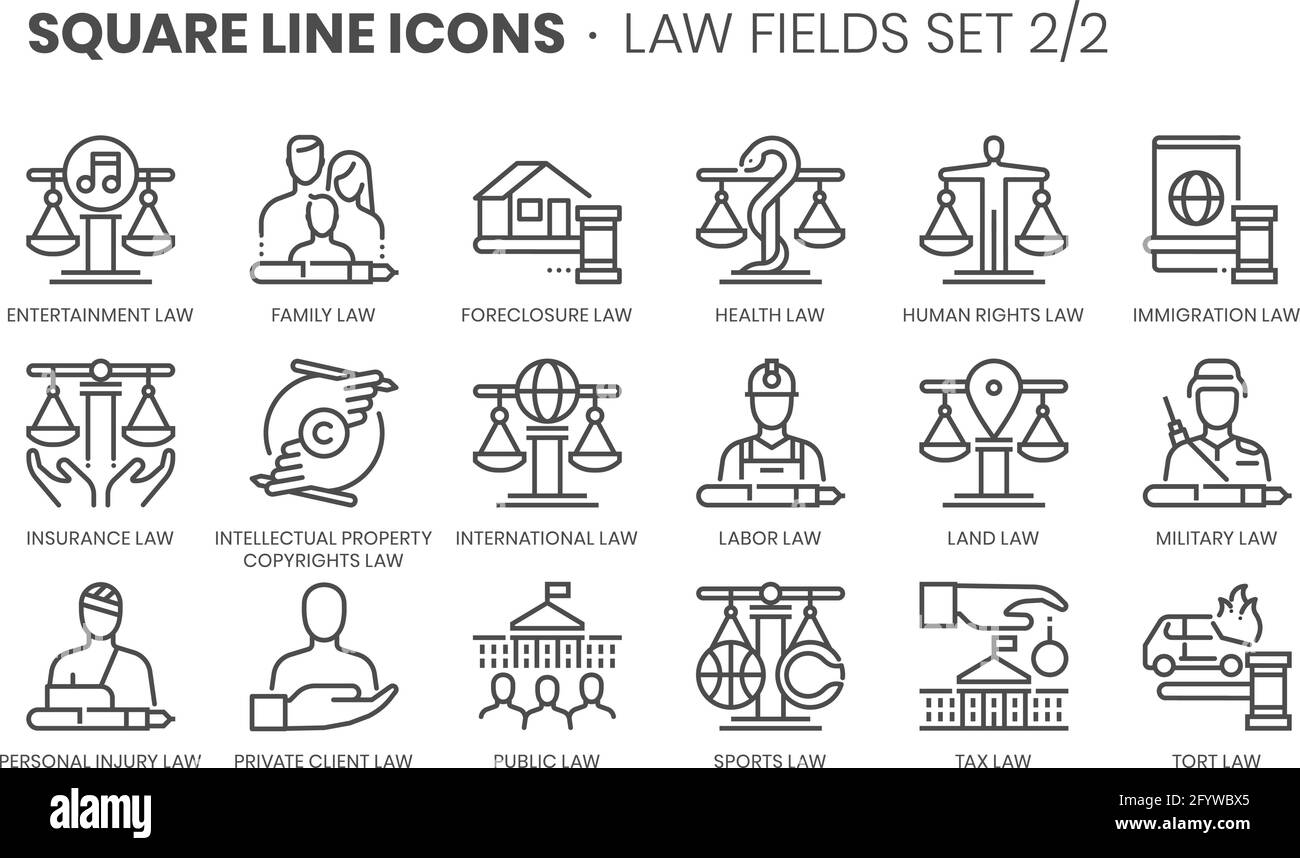 Law fields related, square line vector icon set for applications and ...