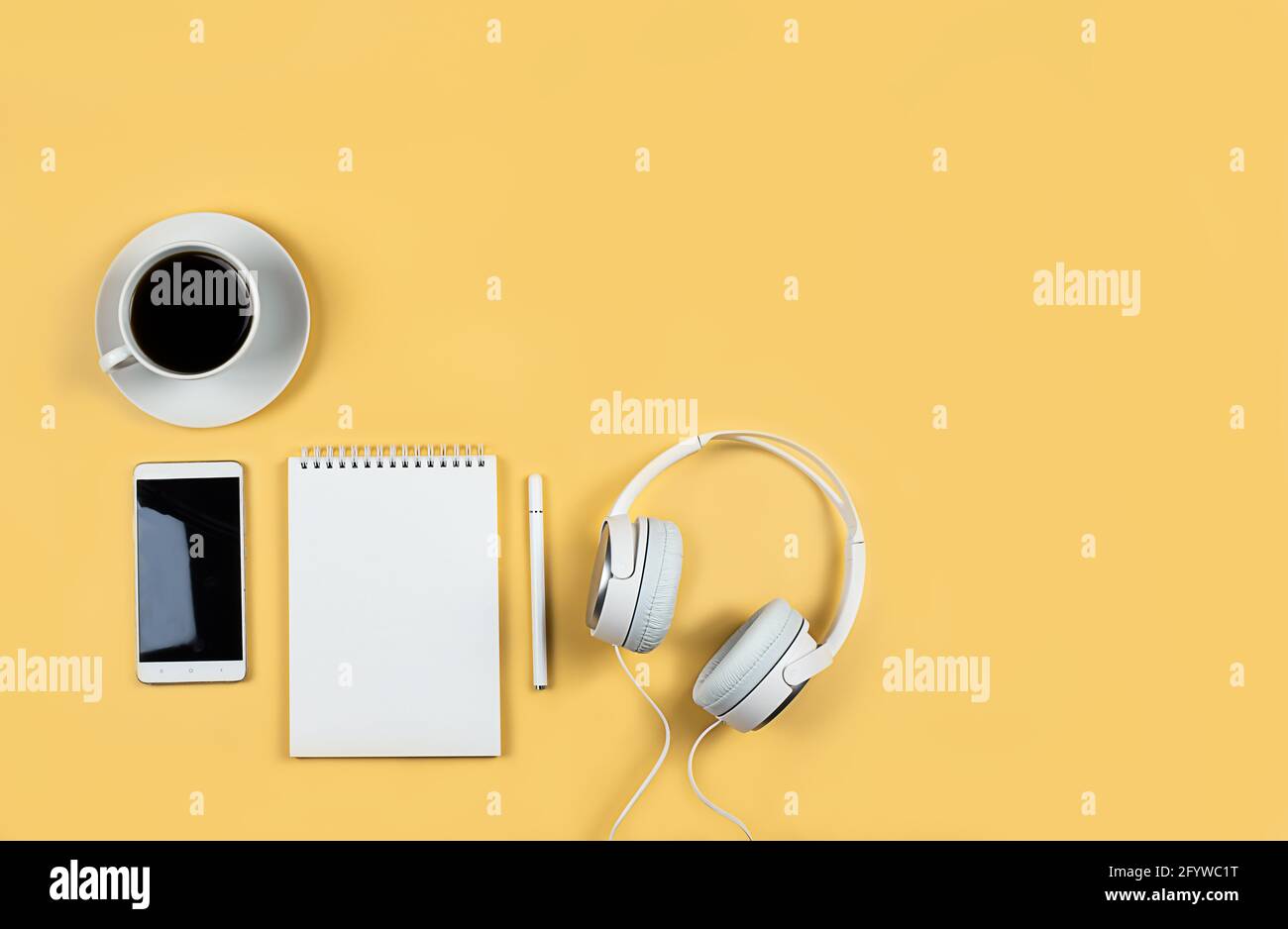 Flat layout on yellow background. Horizontal photo. Composition concept ...