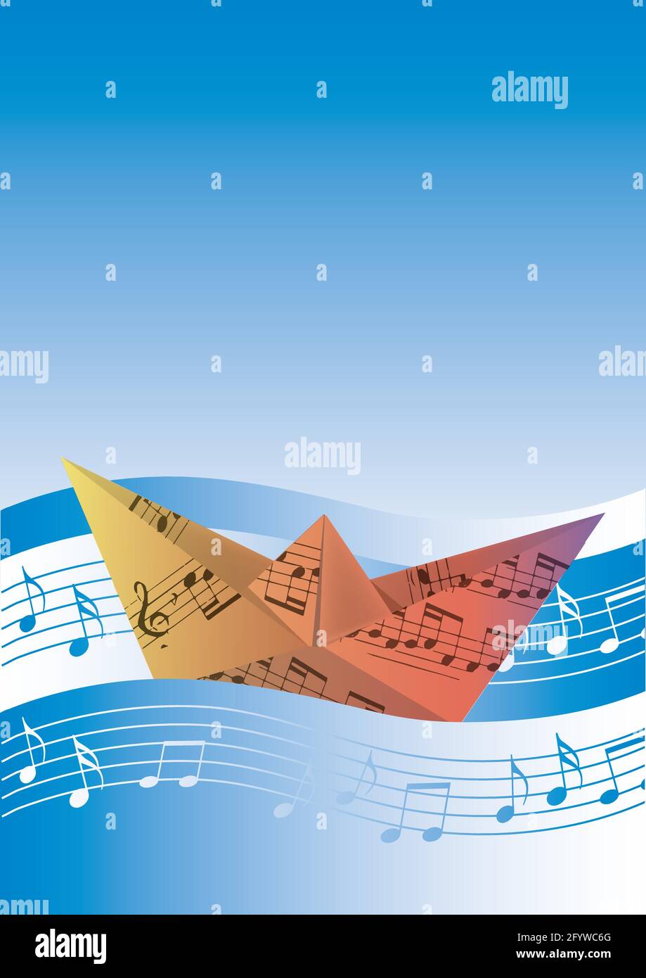 Origami boat with musical notes on musical waves. Illustration , poetic ...
