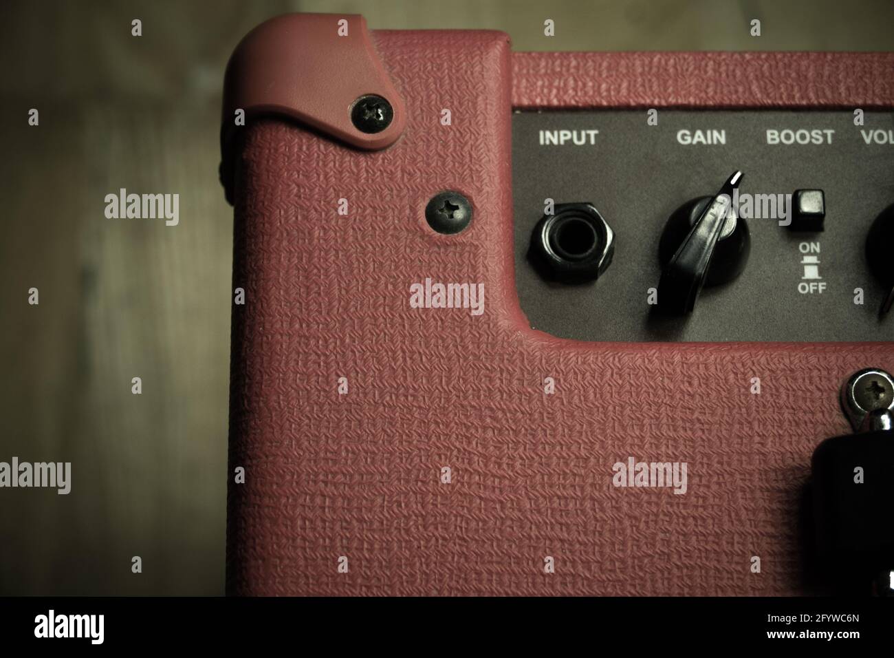 Close up of control panel of red electric guitar amplifier Stock Photo ...