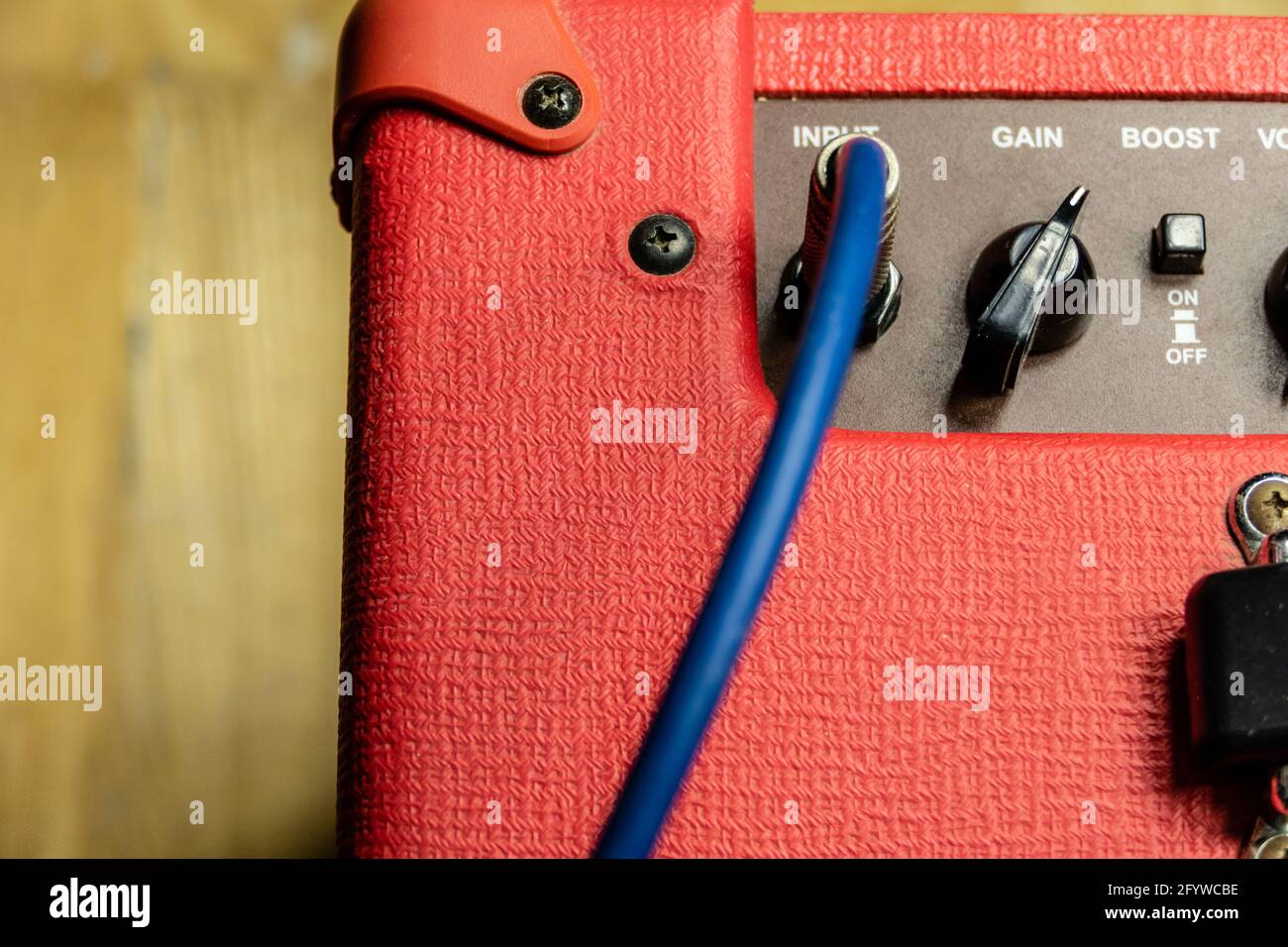 Close up of control panel of red electric guitar amplifier Stock Photo ...