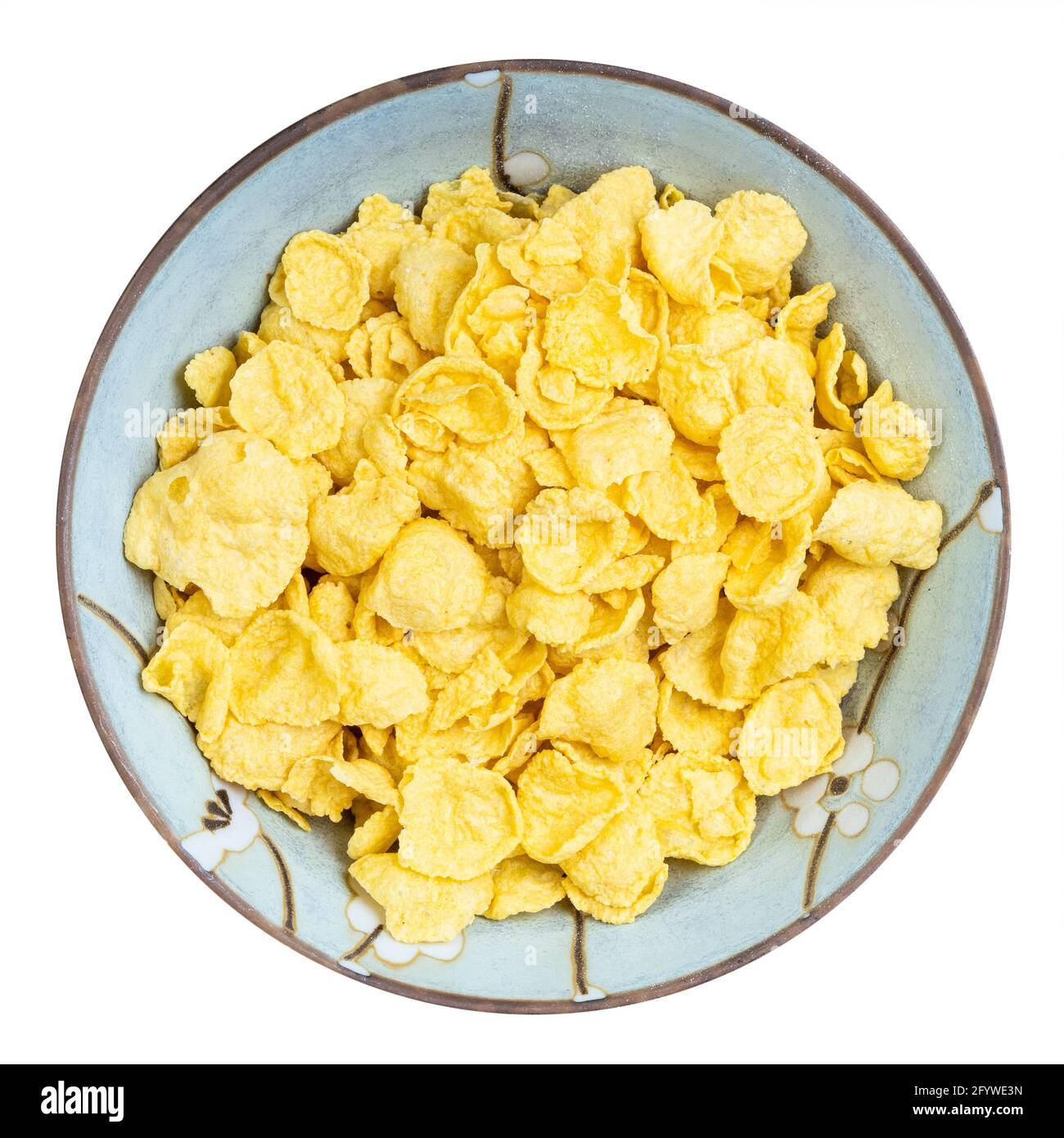 top view of sugar-free corn flakes in round bowl isolated on white ...