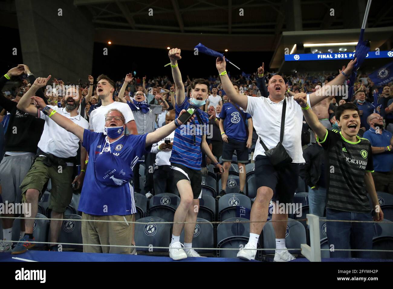 Chelsea fans celebrate in the stands after the UEFA Champions League ...