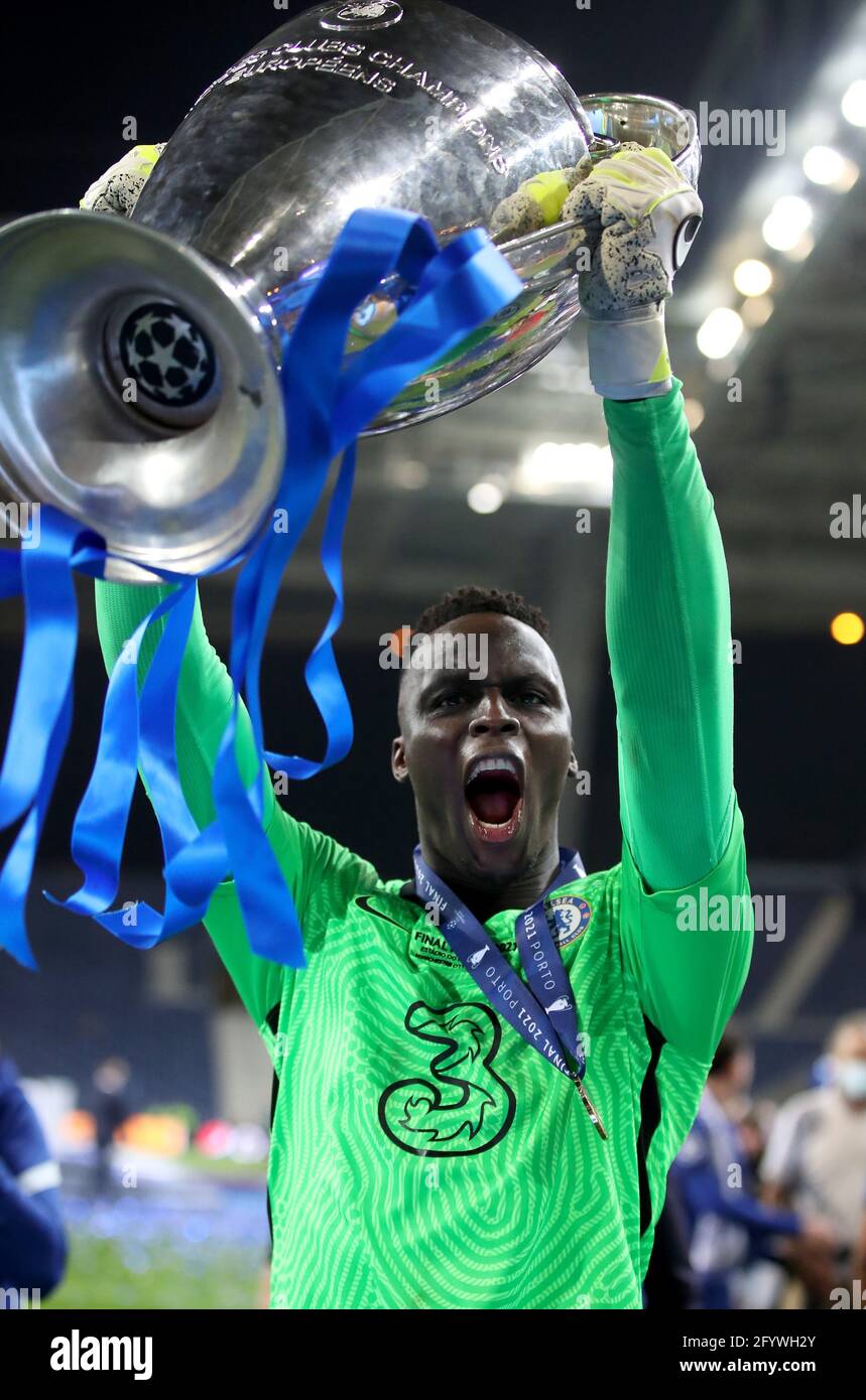 Chelsea goalkeeper Edouard Mendy celebrates with the trophy after the ...