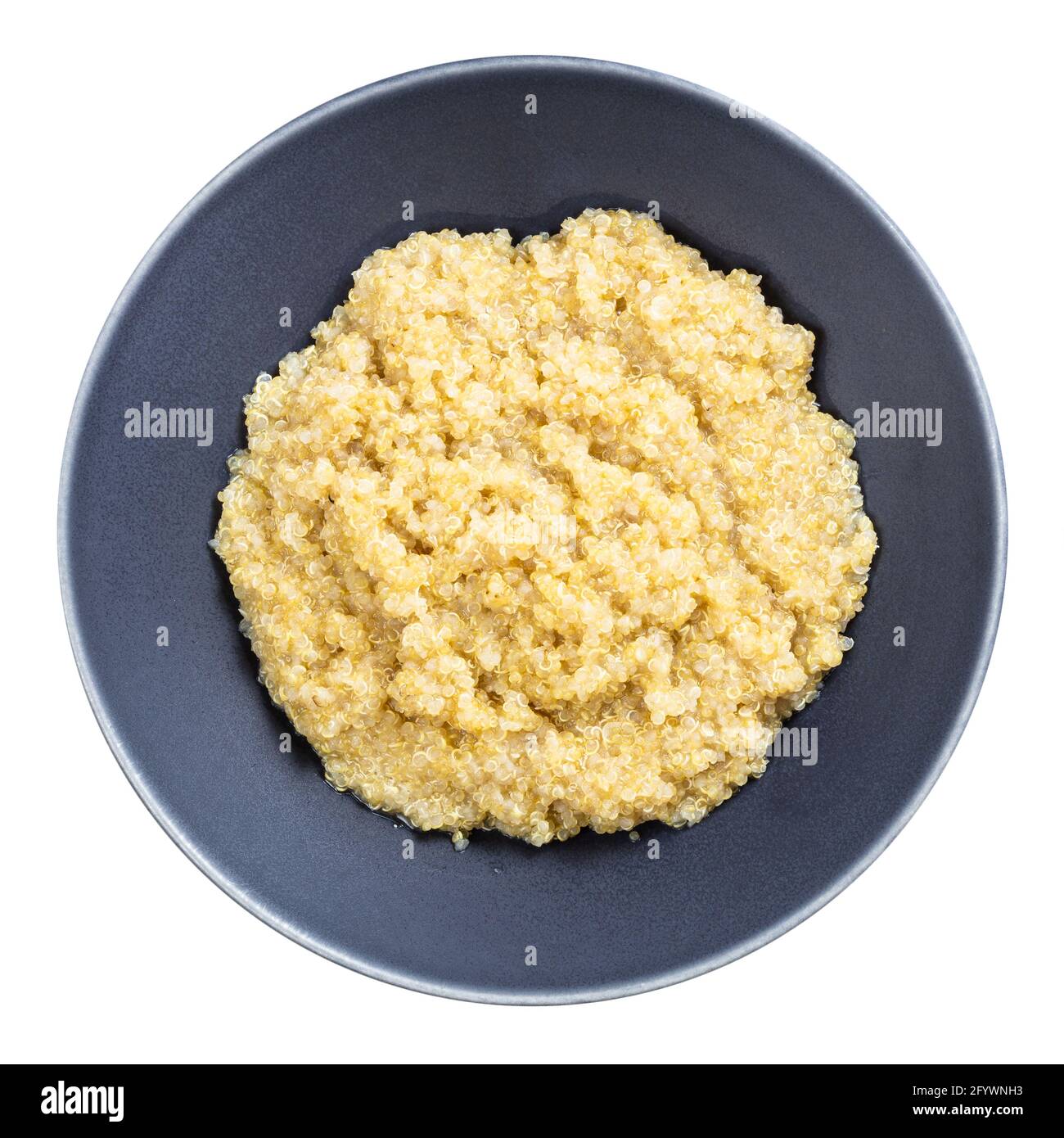 top view of boiled porridge from quinoa grains in gray bowl isolated on ...