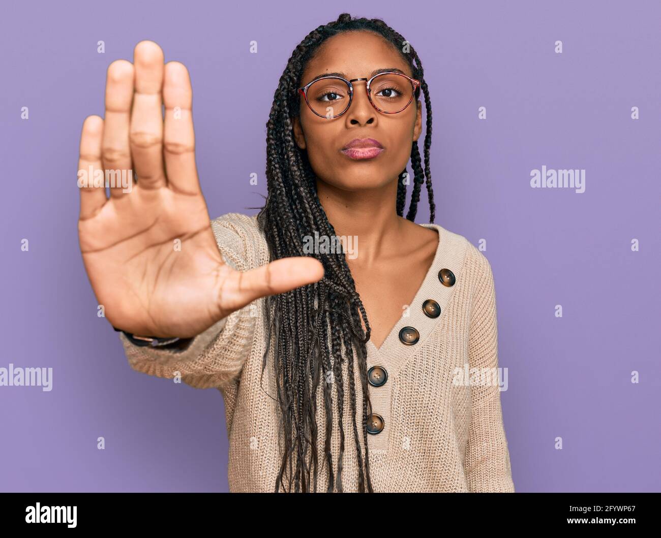African american woman wearing casual clothes doing stop sing with palm ...