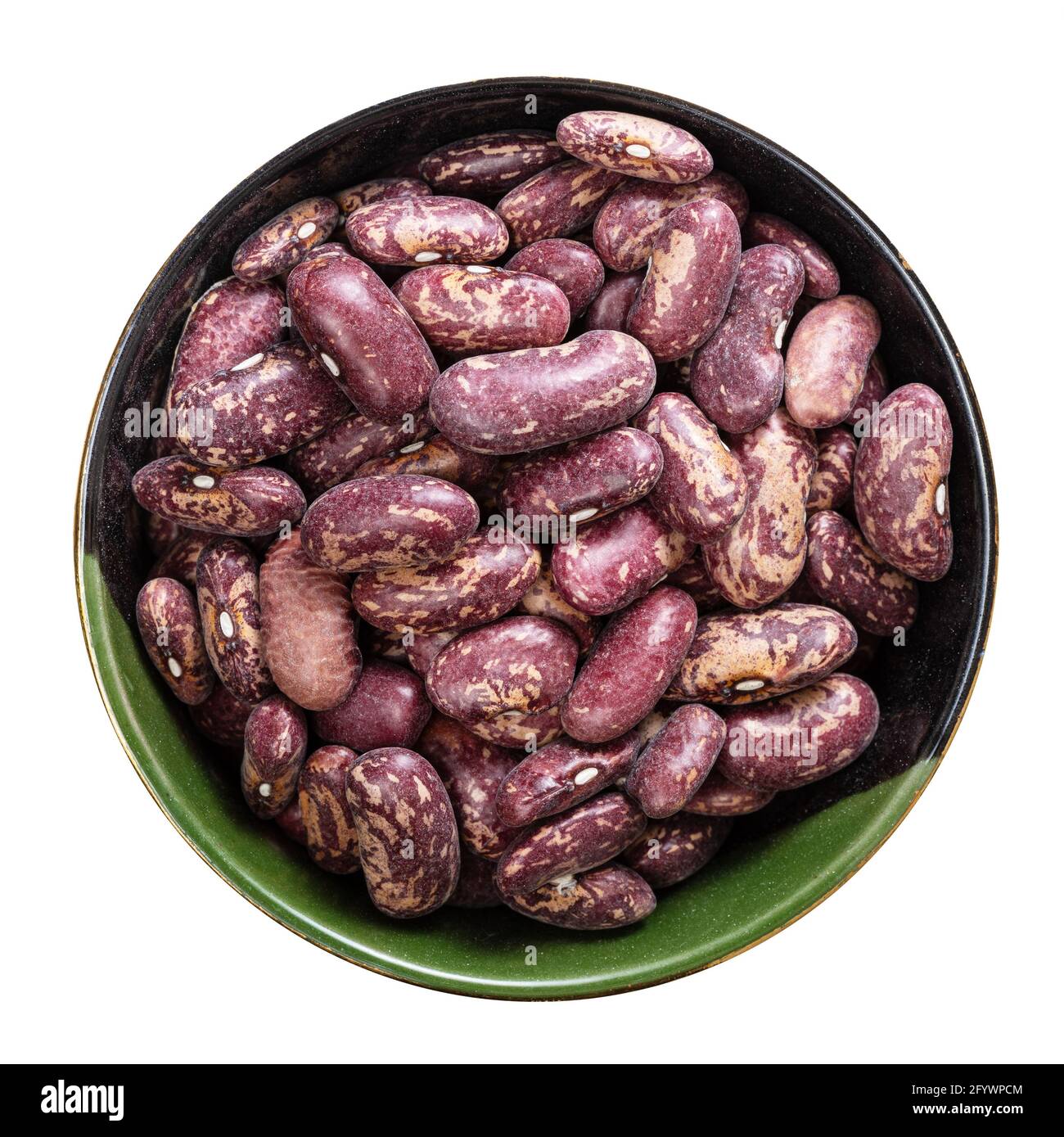 top view of raw red spotted pinto beans in round bowl isolated on white ...