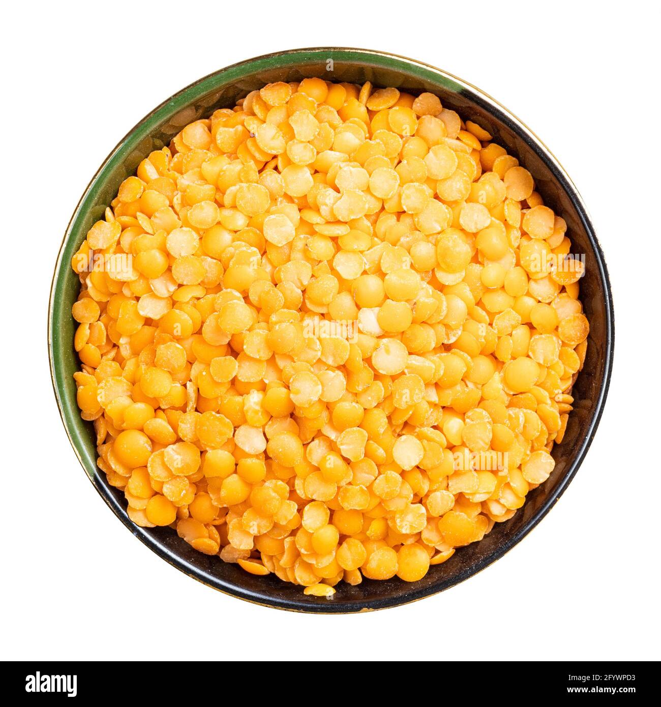 top view of raw split red lentils in round bowl isolated on white ...