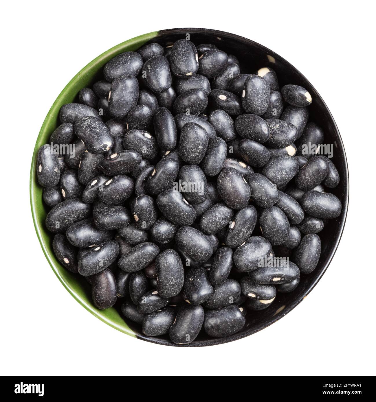 top view of raw black turtle beans in round bowl isolated on white ...
