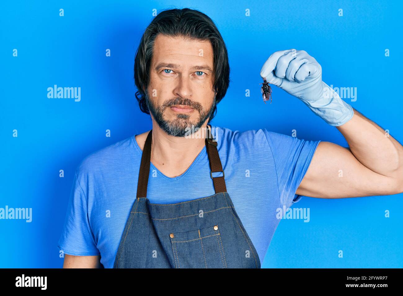 Middle age caucasian man holding cockroach thinking attitude and sober ...