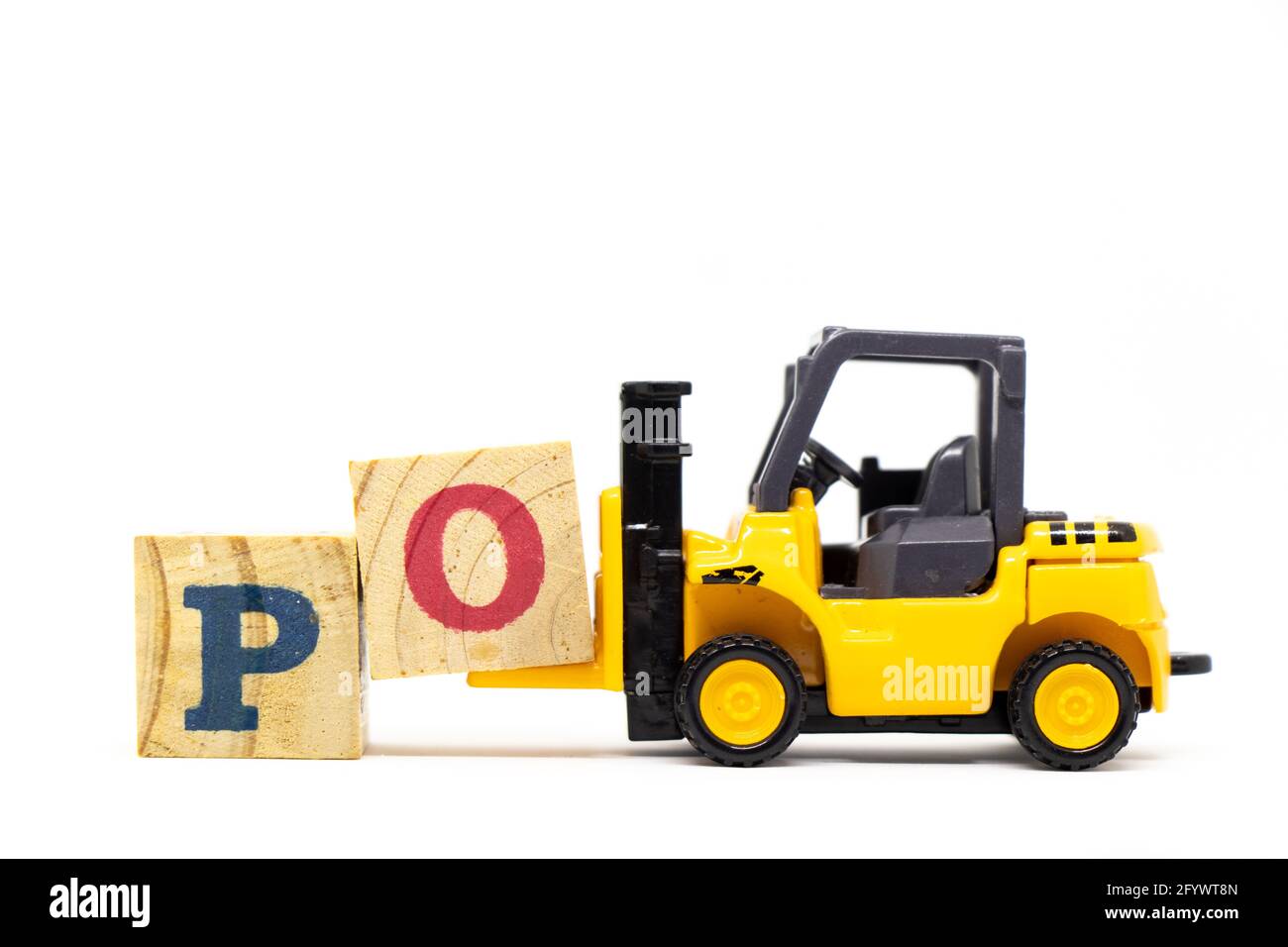 Toy forklift hold letter block O to complete word PO (Abbreviation of ...