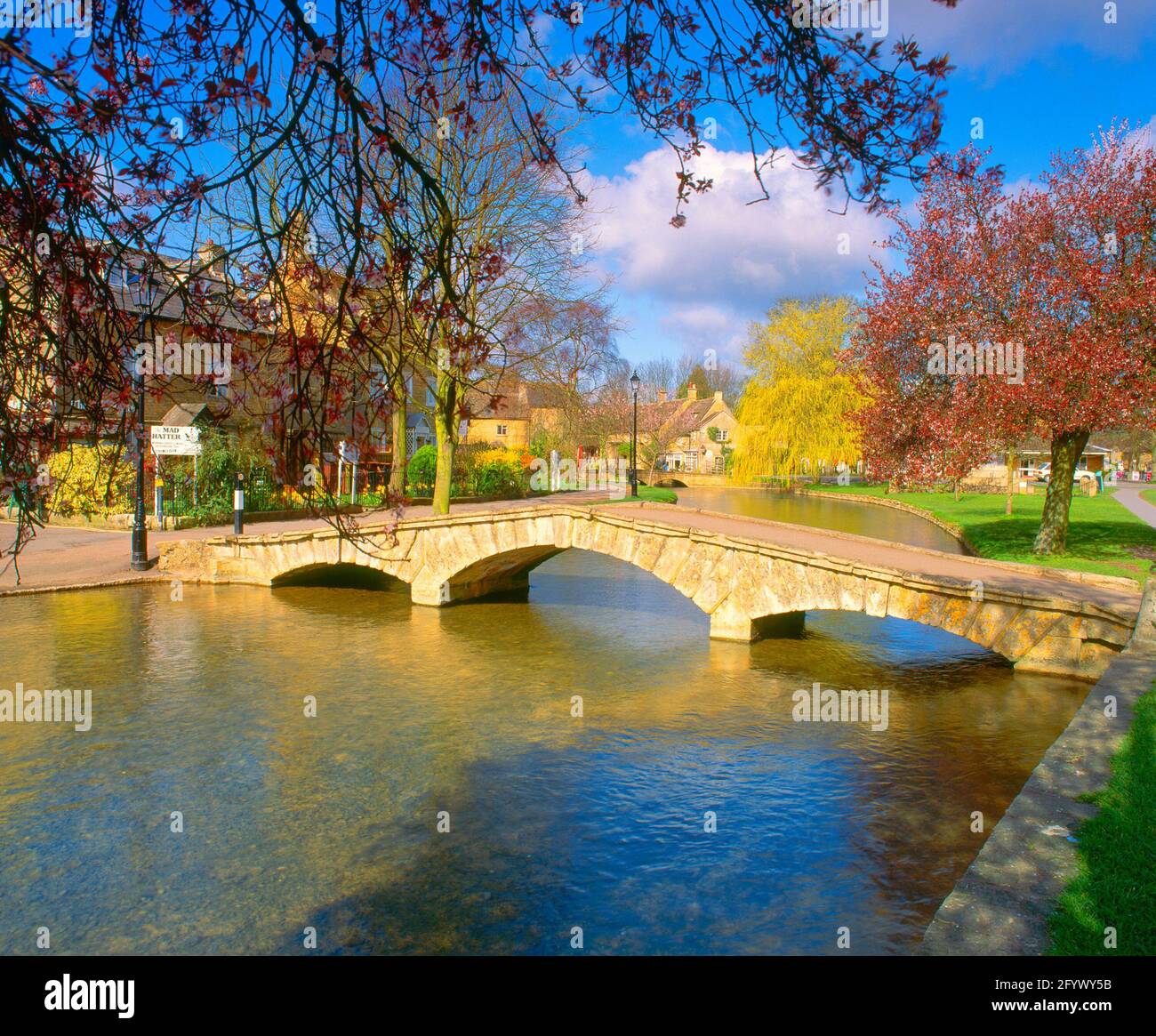UK, England, Cotswolds, Burton-on-the-Water, river Windrush, spring ...