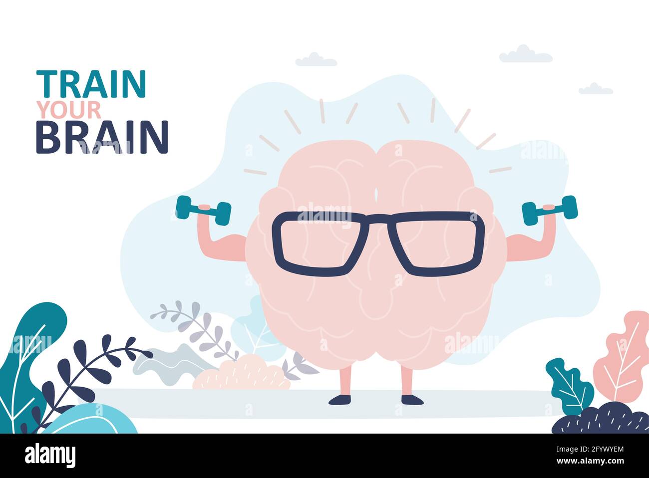 Train your brain. Pink brain wearing glasses with dumbbells. Weight ...