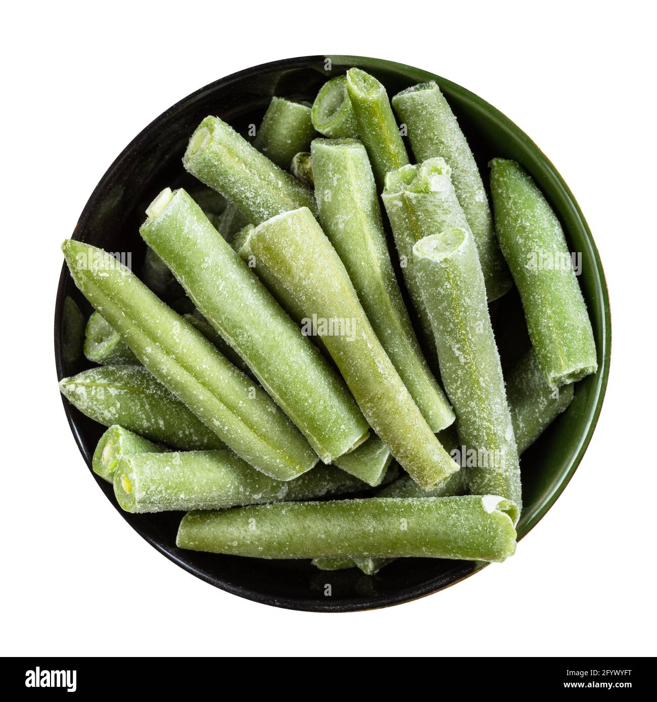 top view of cut and frozen green beans in round bowl isolated on white ...