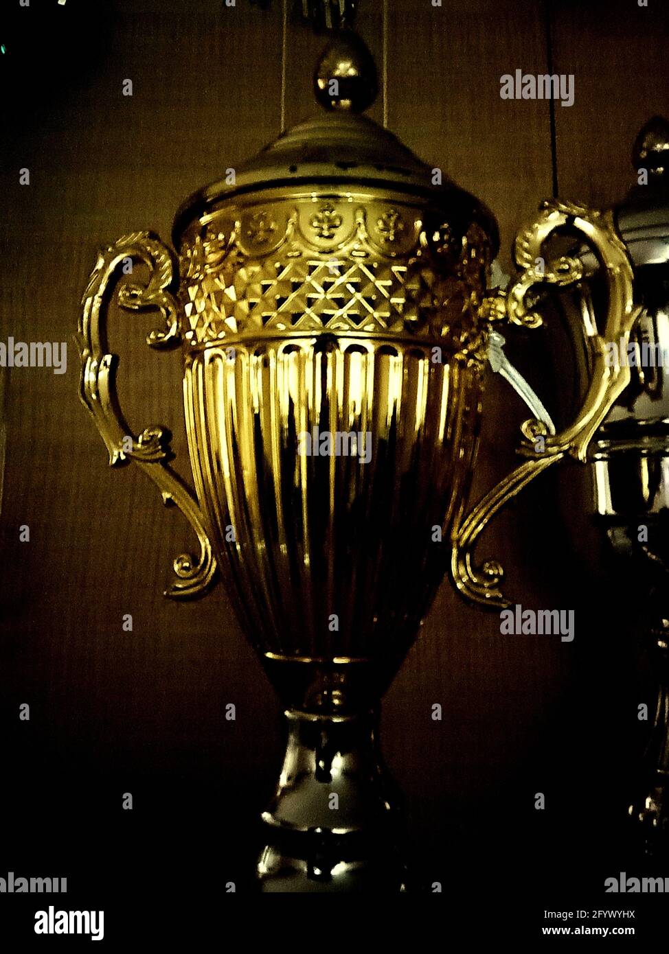 A vertical shot of a golden trophy on the shelf against a wooden wall ...