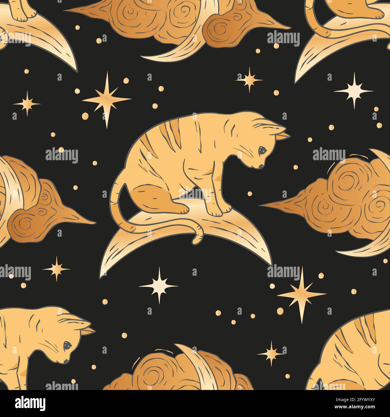 Celestial cat animal seamless pattern design with moon and cloud ...