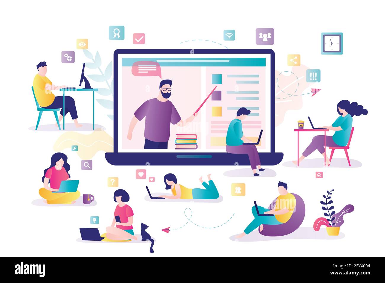 E-learning banner concept. Online education, home schooling. Male ...