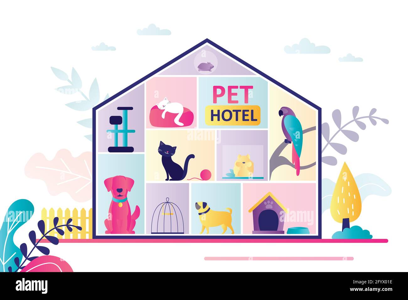 Building with different domestic animals. Hotel for pets filled with ...