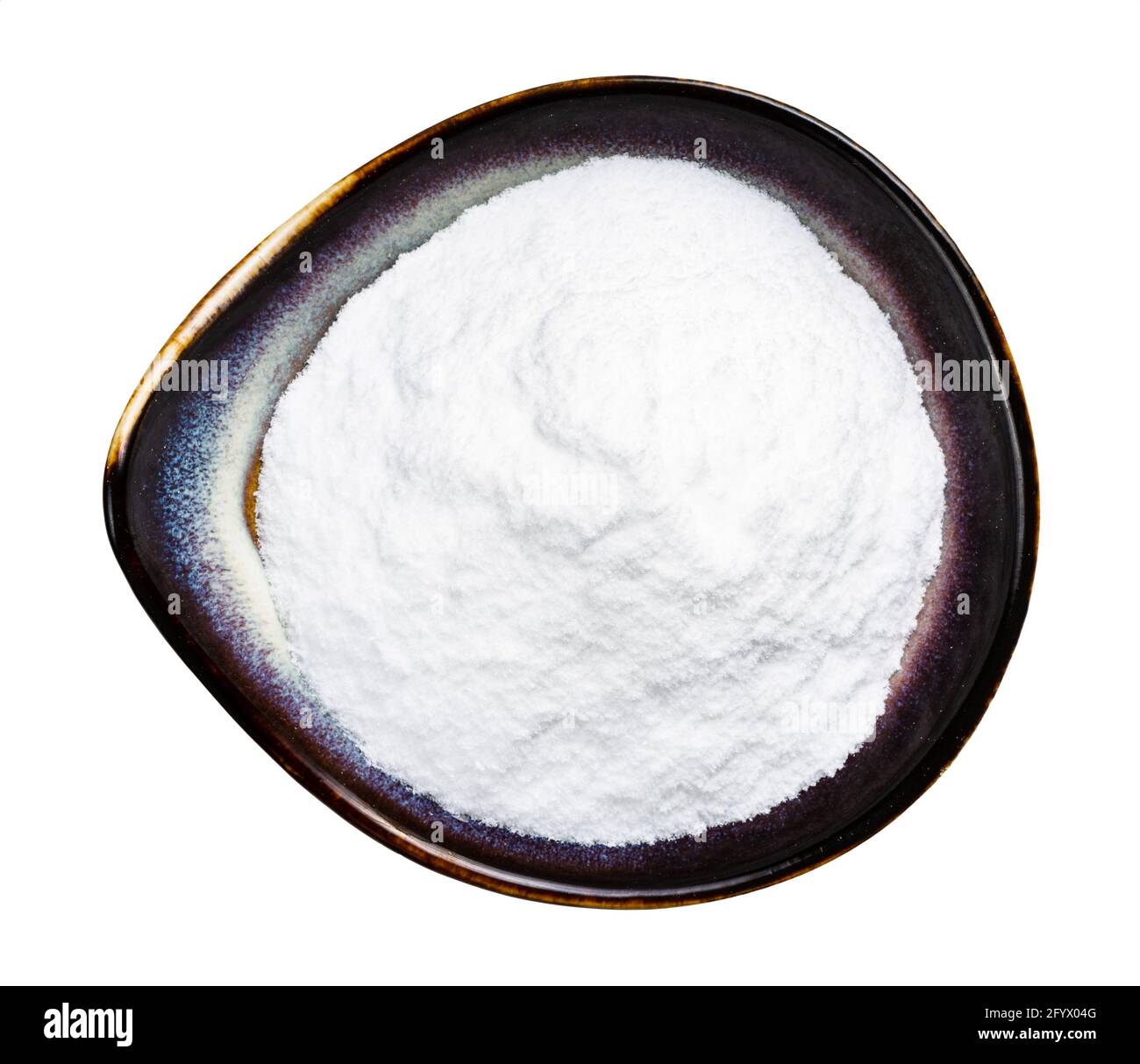 top view of dextrose sugar in ceramic bowl isolated on white background ...