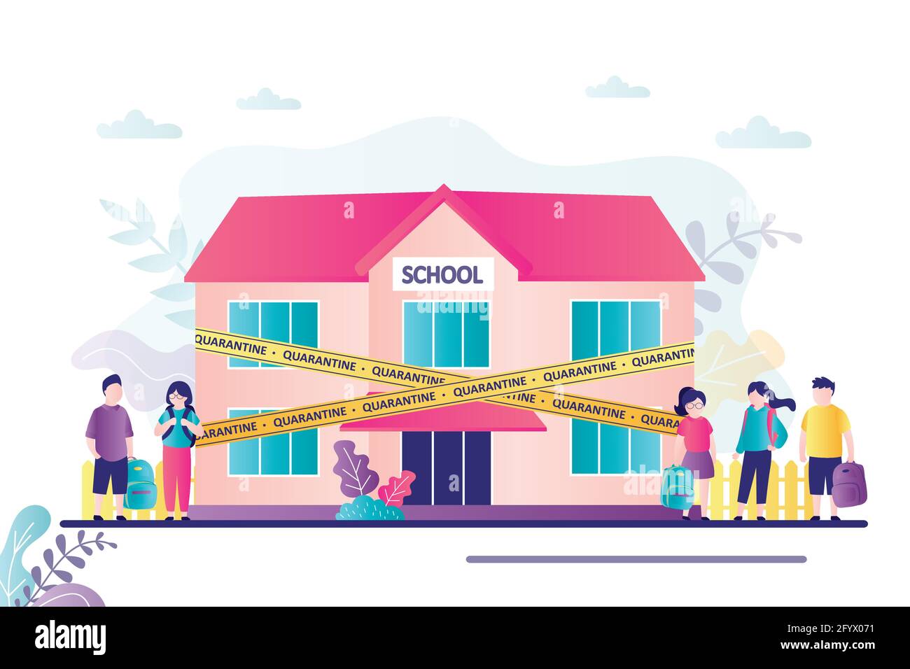 School building with yellow warning tapes. School closed, group of ...