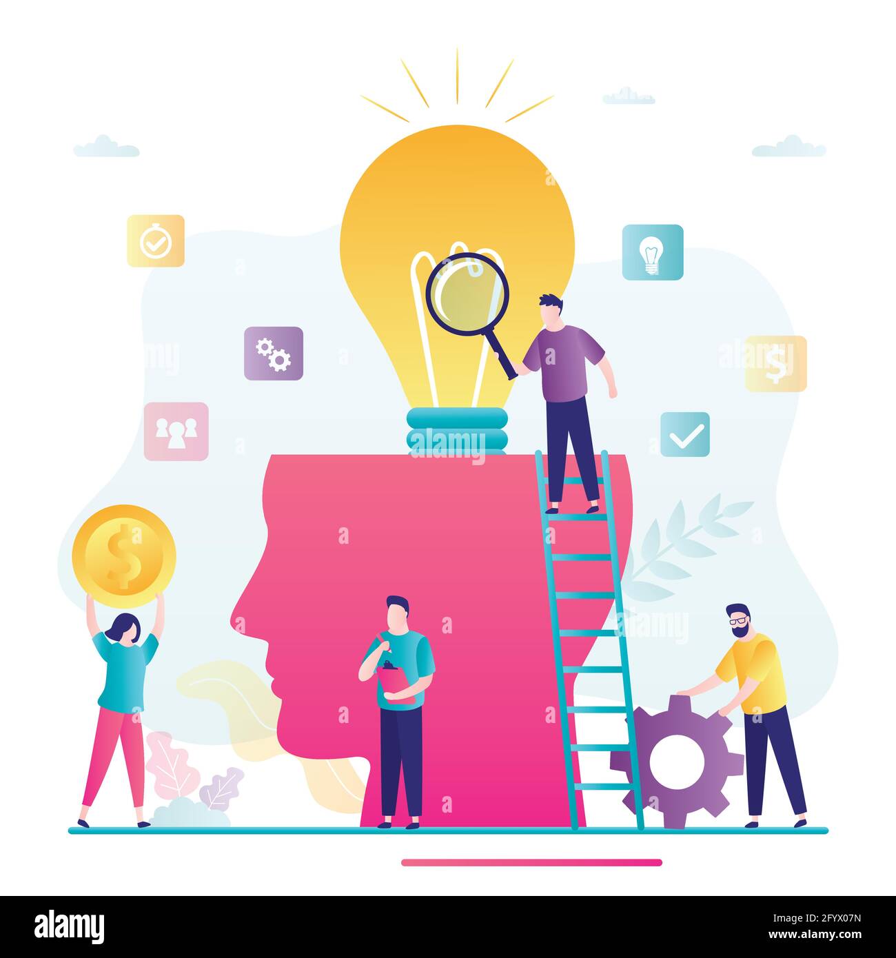 Concept of imagination and teamwork. Man looking at light bulb through ...
