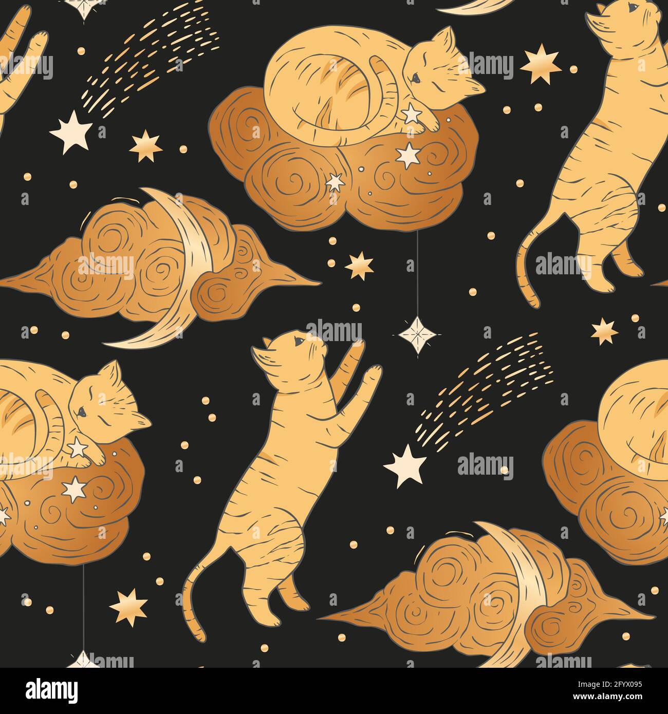 Celestial cat animal seamless pattern design with moon and cloud ...