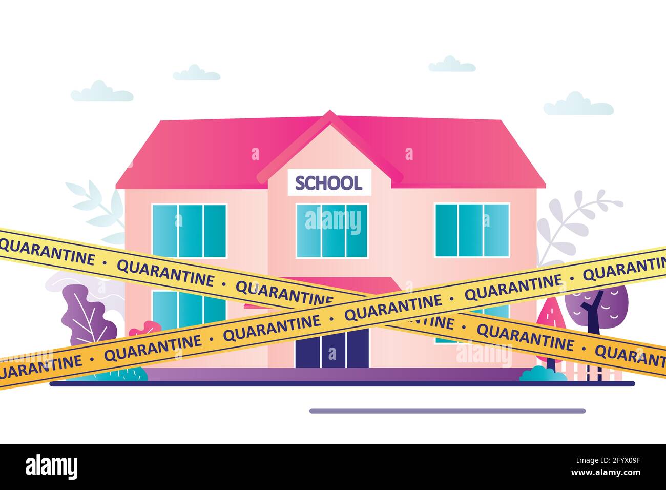 School building with yellow warning tapes. School closed for quarantine ...