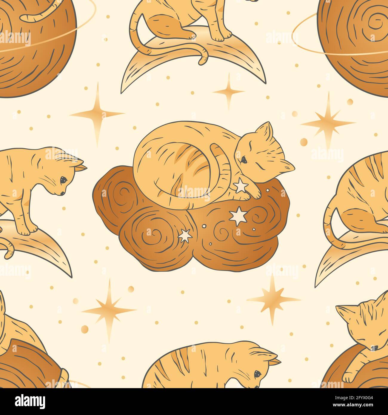 Celestial cat animal seamless pattern design with cloud and moon ...