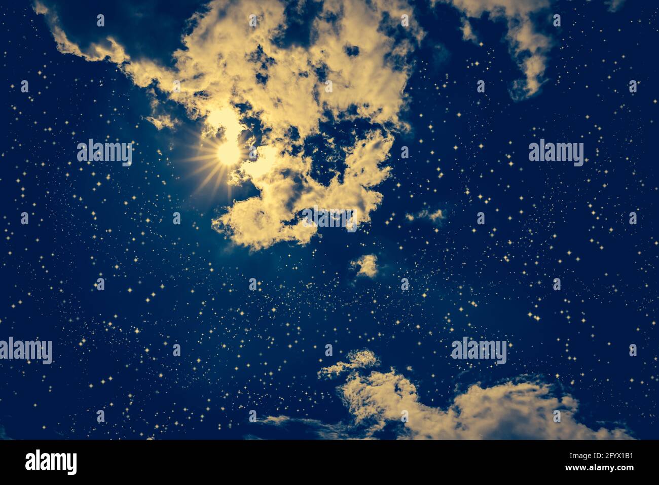 Amazing dark night sky with many stars, bright full moon and cloudy ...