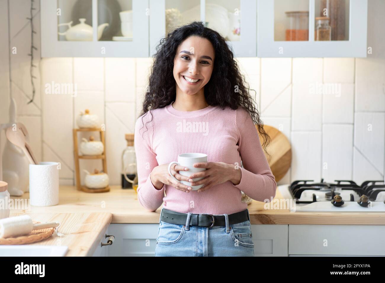 Home Relax. Portrait Of Happy Beautiful Lady Drinking Coffee In Kitchen ...