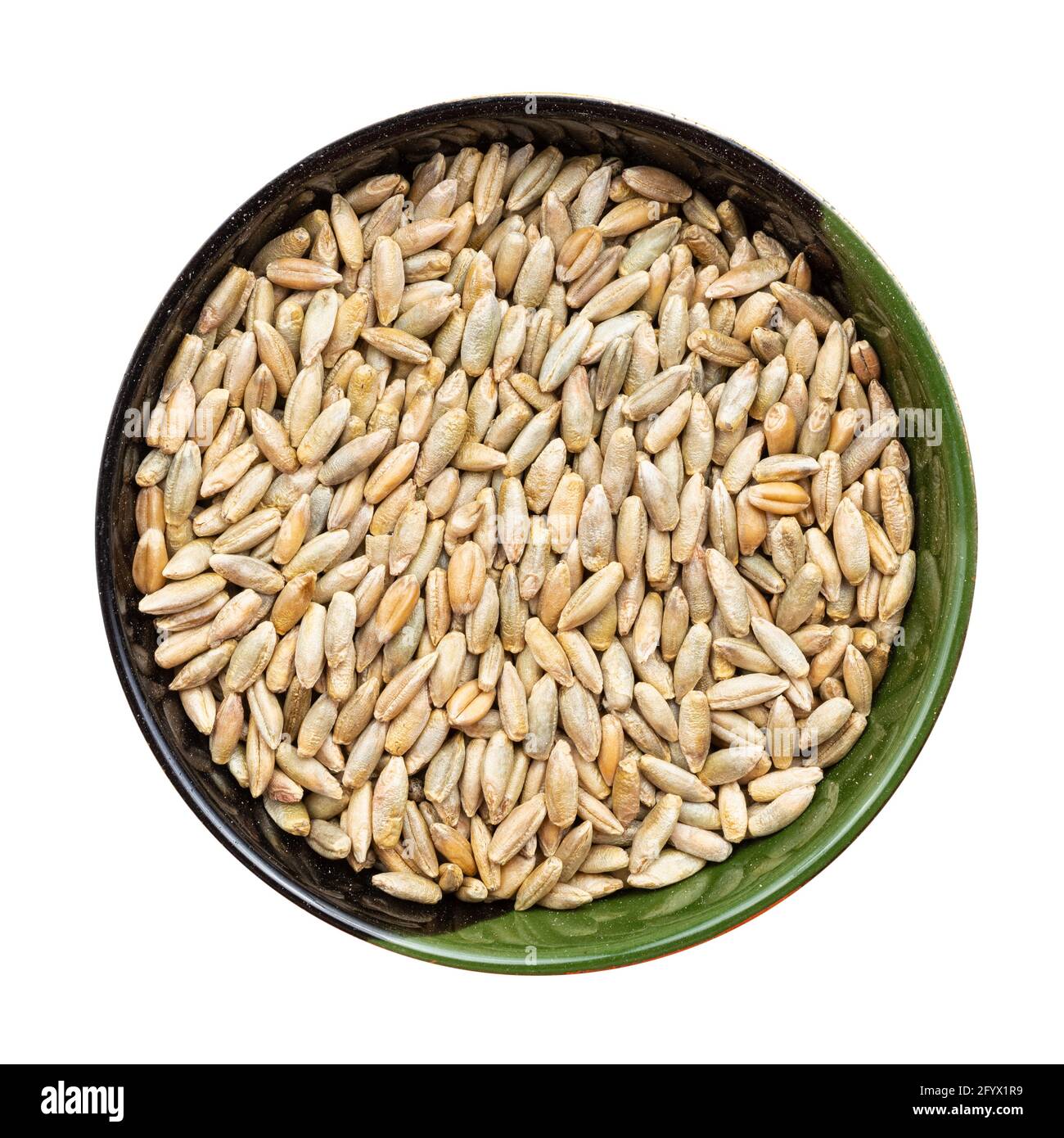 top view of whole rye grains in round bowl isolated on white background ...
