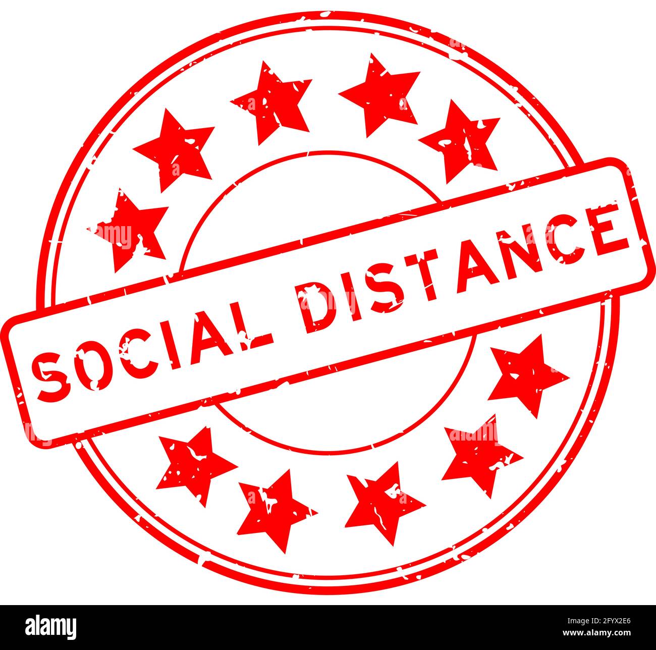 Grunge red social distance word with star icon round rubber seal stamp ...