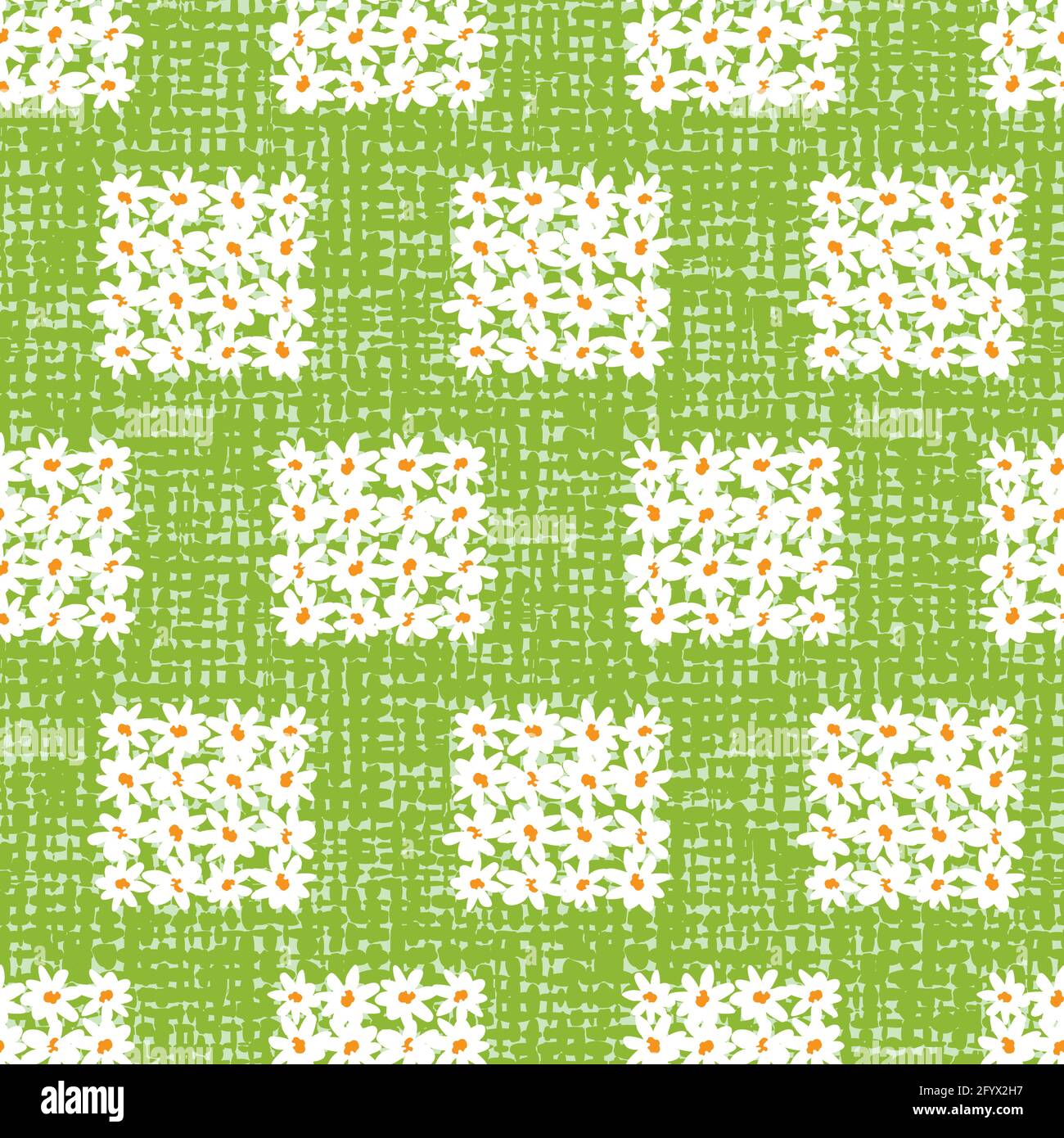 Vector green fun daisy flowers medium squares repeat pattern with ...