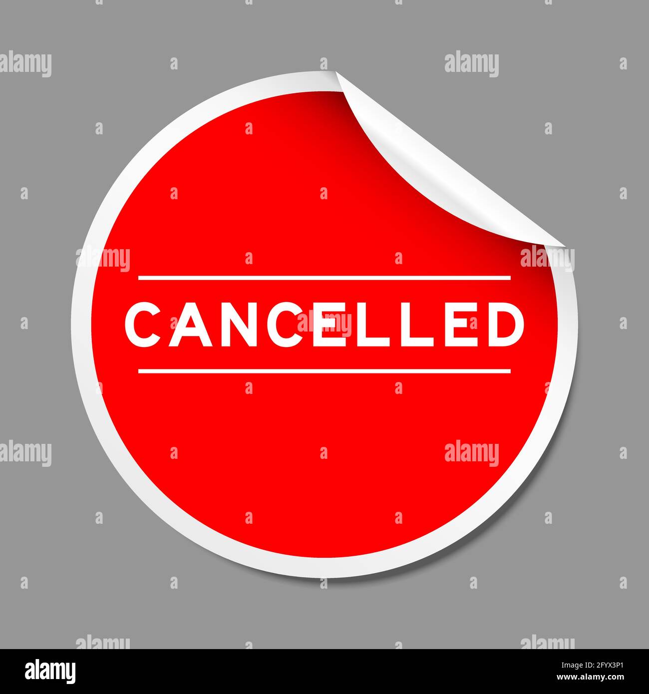 Red color peel sticker label with word cancelled on gray background ...