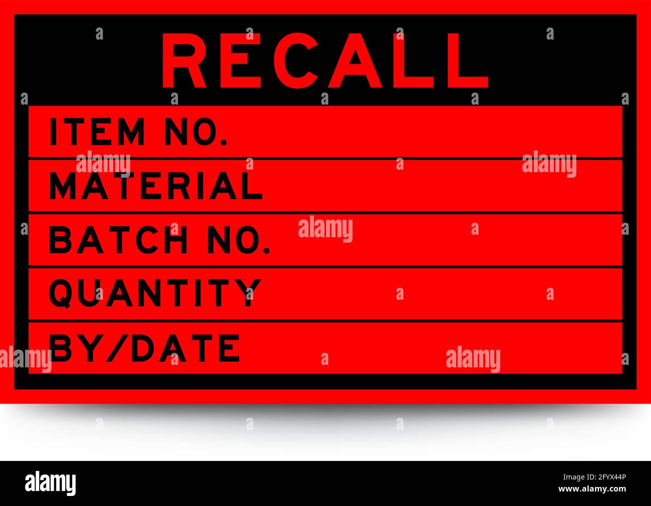 Square red color label banner with headline in word recall and detail ...