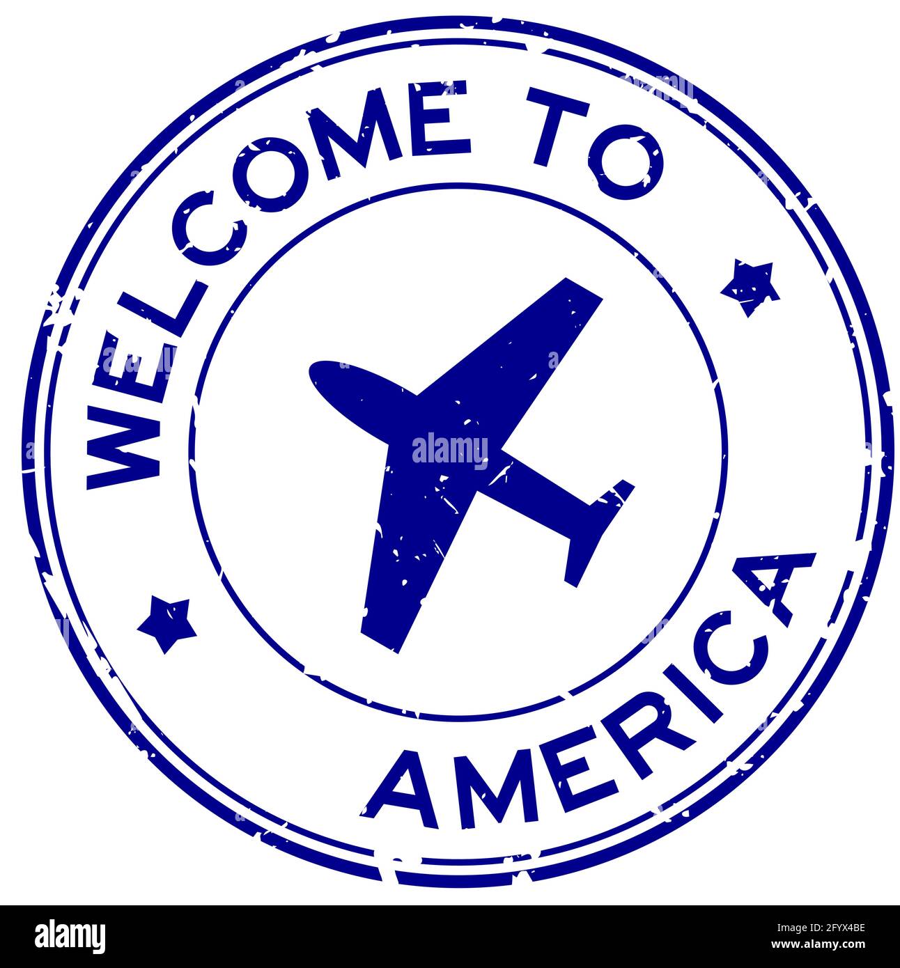 Grunge blue welcome to America word with airplane icon round rubber ...