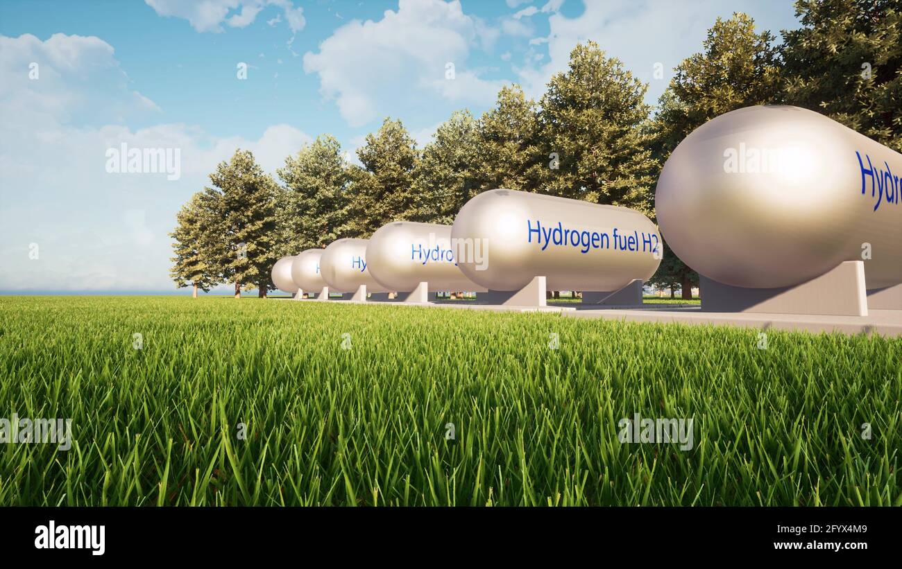 H2 hydrogen station on green grass landscape eco clean energy 3d render ...