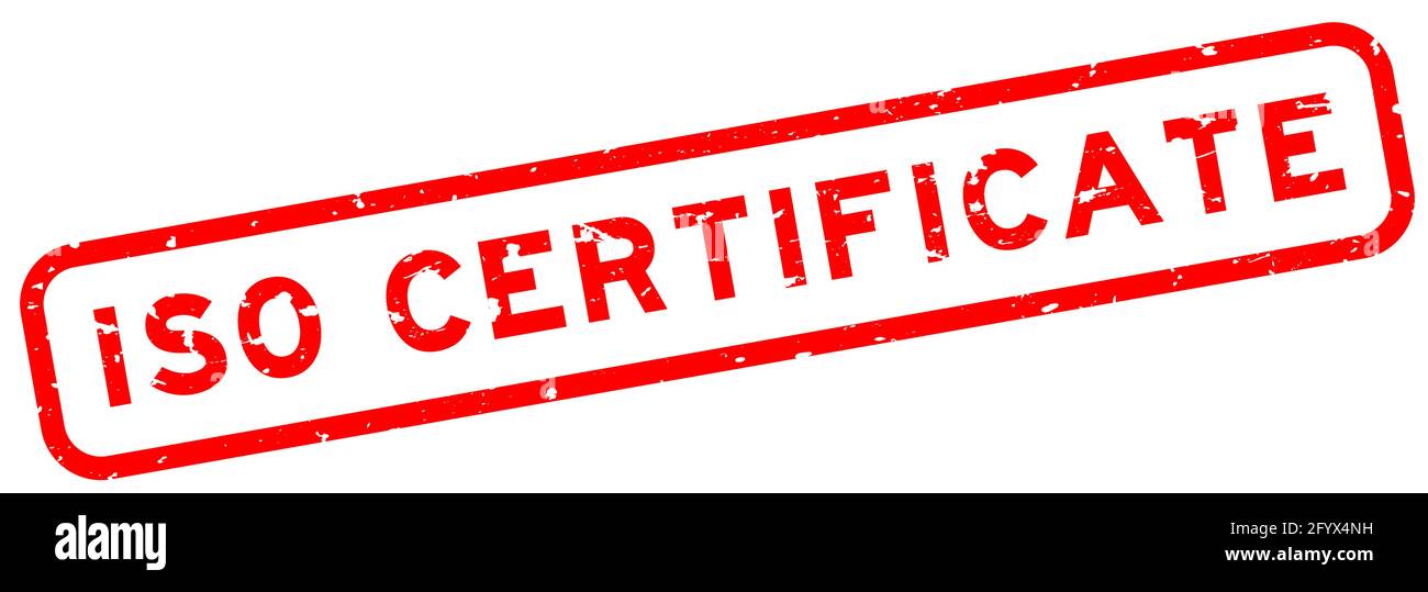 Grunge red ISO certificate word square rubber seal stamp on white ...