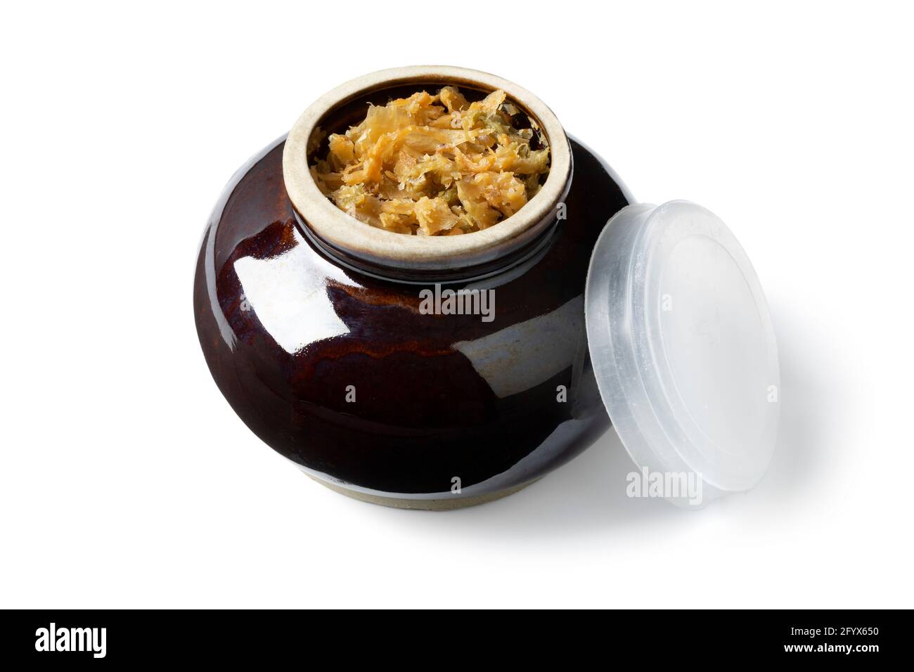 Ceramic bowl with Chinese fermented cabbage isolated on white ...
