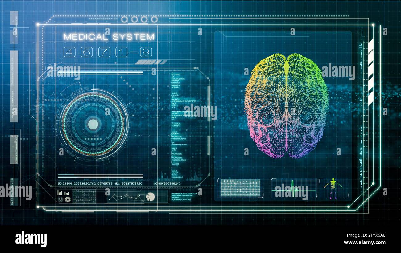 Futuristic screen of human brain scan and medical examination ...